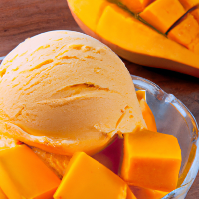 Selbstgemachtes Mango Eis mit einer Eismaschine